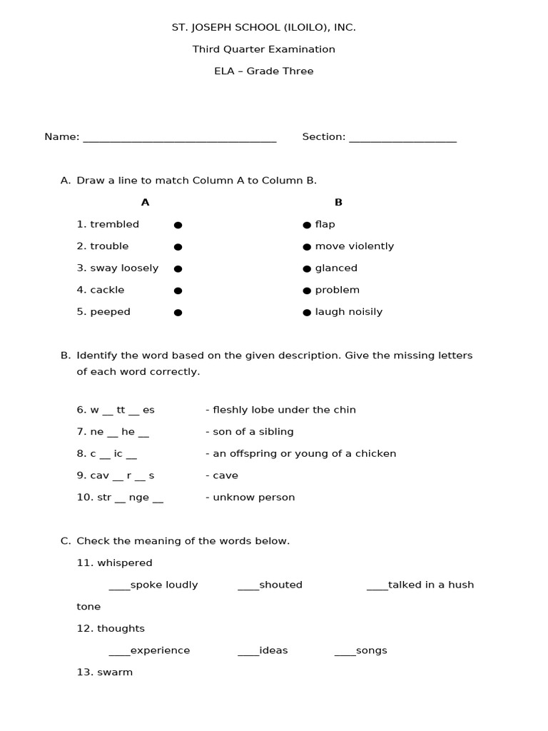 Grade 3 ELA Third Quarter Exam | PDF