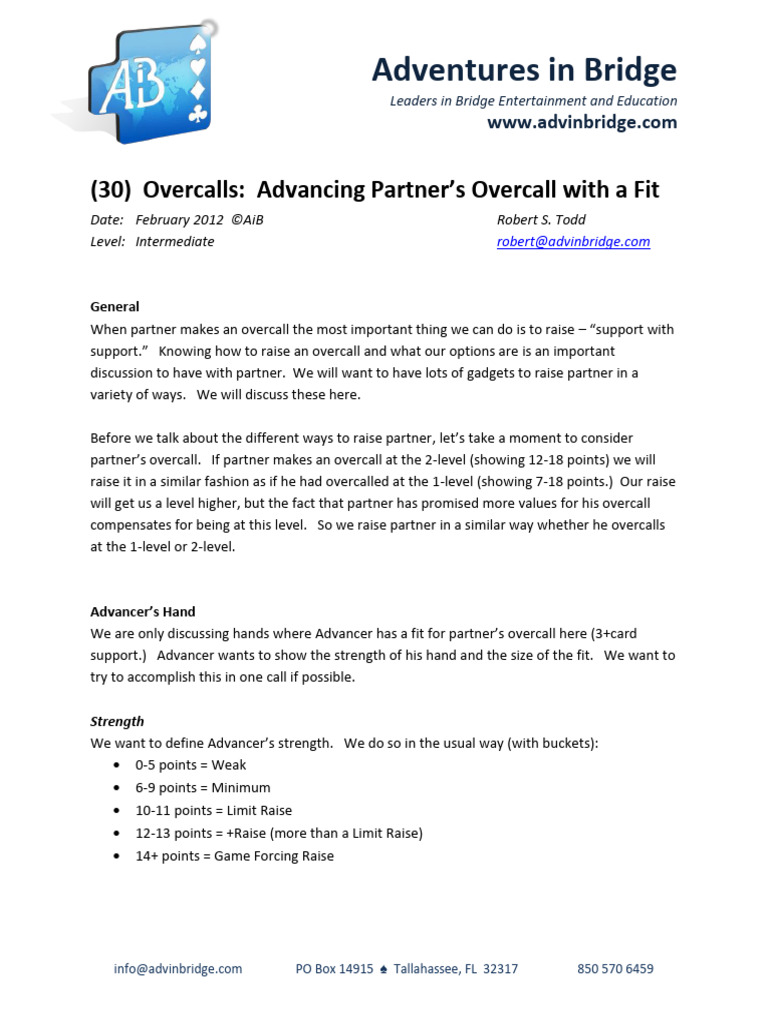 30 Advancing Partner's Overcall With A Fit | PDF | Contract Bridge | Sports