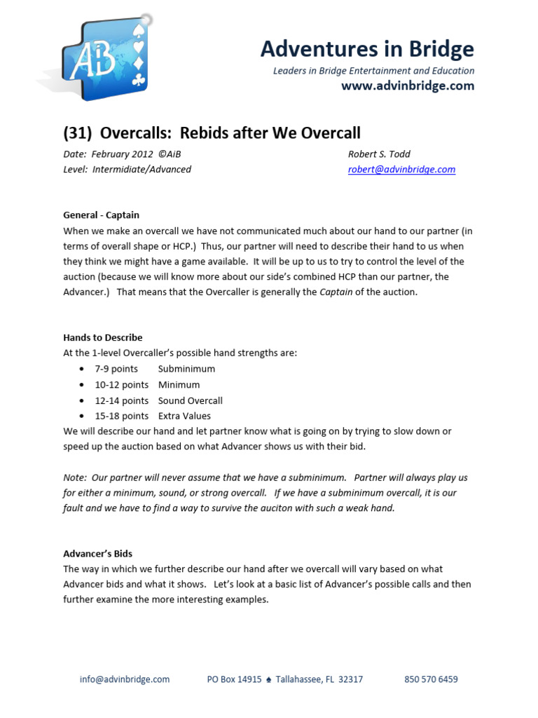 Overcalls: Rebids in Bridge Strategy | PDF | Contract Bridge