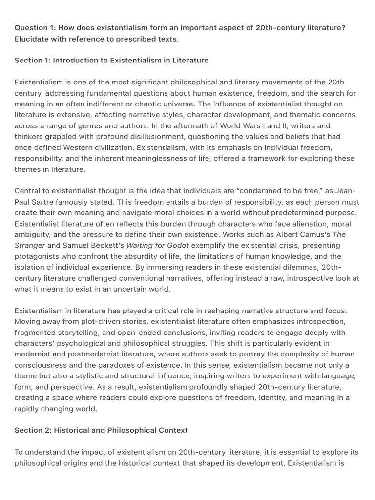 Question 1 - How Does Existentialism Form An Important Aspect of 20th ...