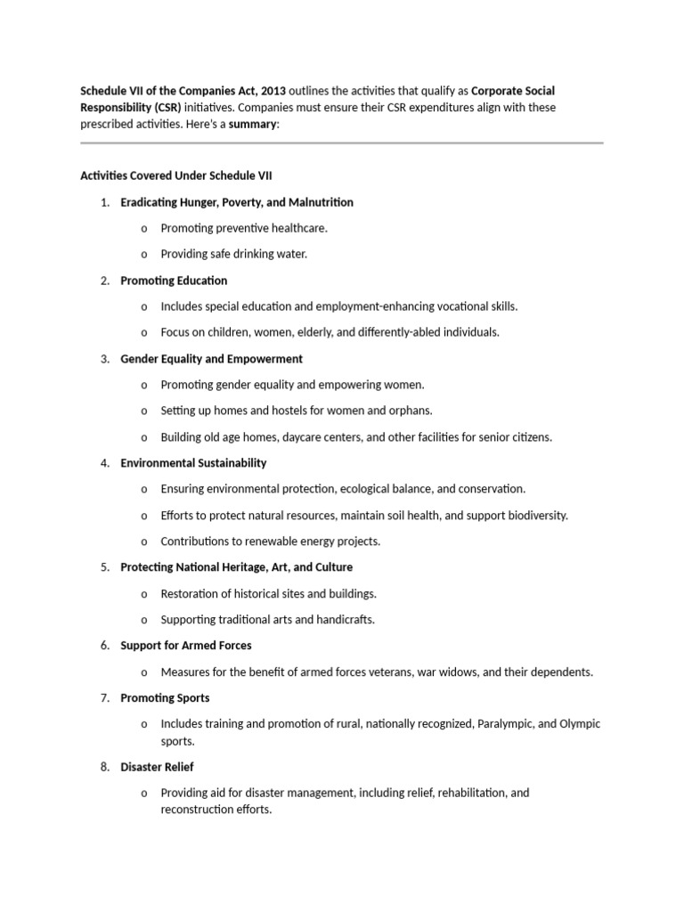 CSR Activities Under Schedule VII, 2013 | PDF | Corporate Social ...