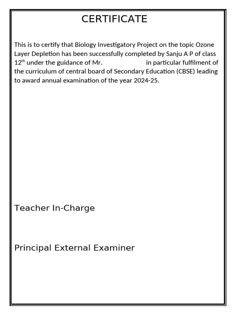 Ozone Layer Depletion Project Certificate | PDF