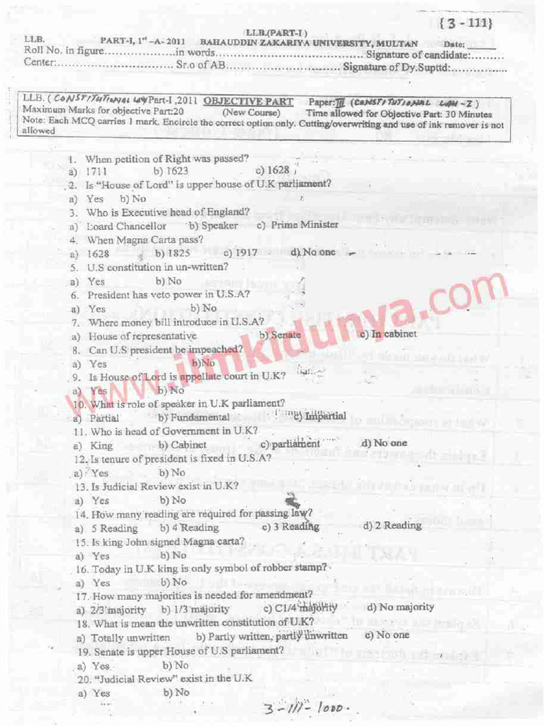Past Papers 2011 BZU LLB Part 1 Constitutional Law Objective | PDF