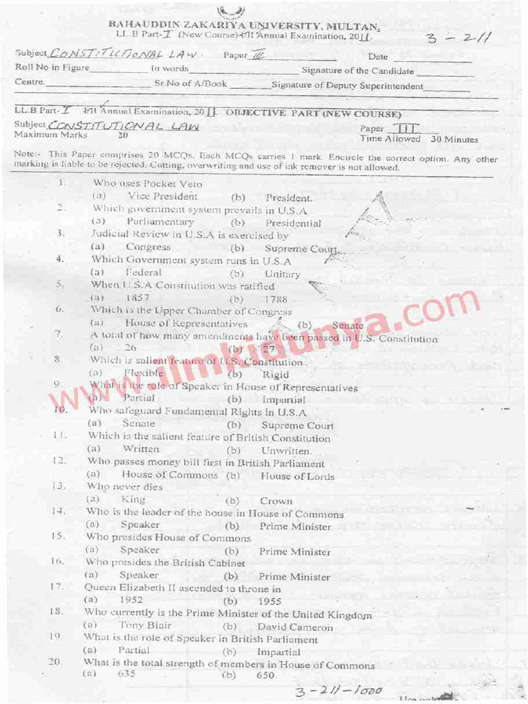 Past Papers 2011 BZU LLB Part 1 Constitutional Law Objective 2nd Annual ...