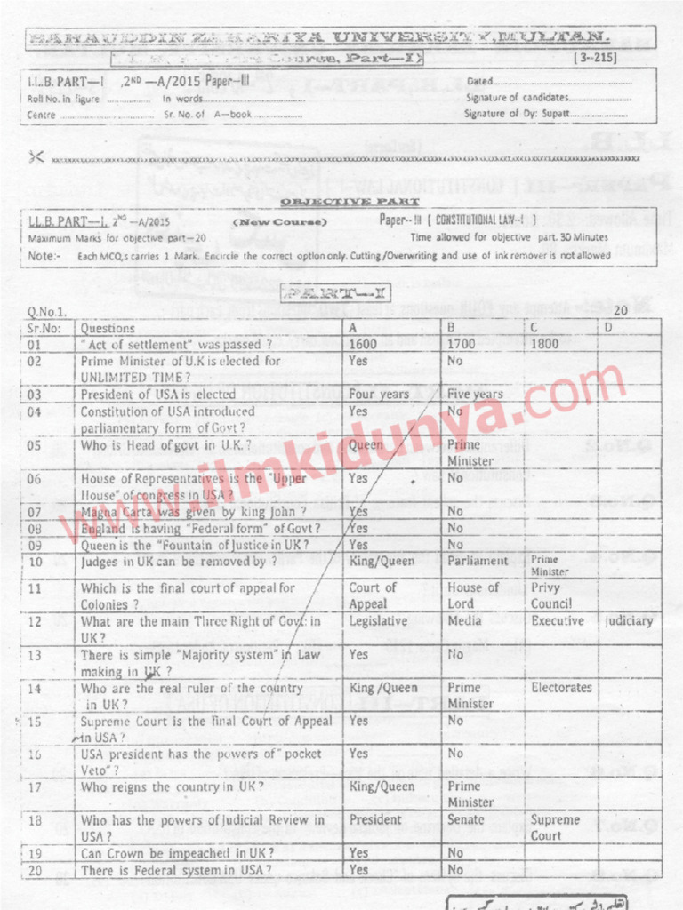 Past Papers 2015 BZU LLB Part 1 Constitutional Law Objective 2nd Annual ...