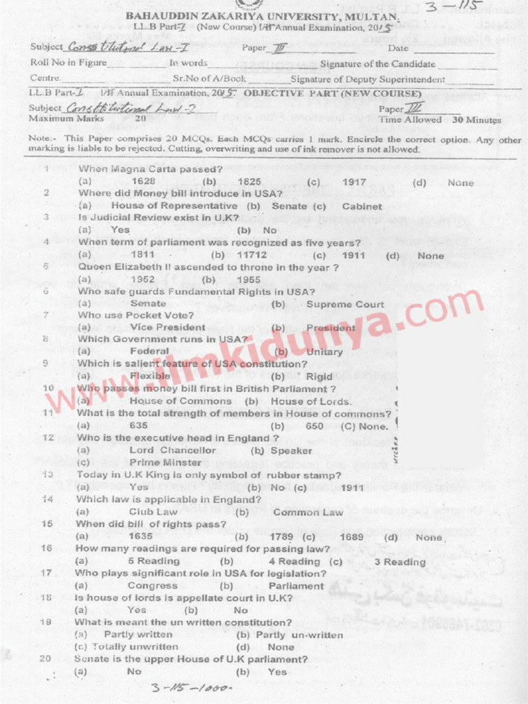 Past Papers 2015 BZU LLB Part 1 Constitutional Law Objective | PDF