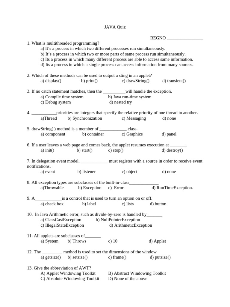 Java Quiz Pdf Computer Architecture Computer Engineering