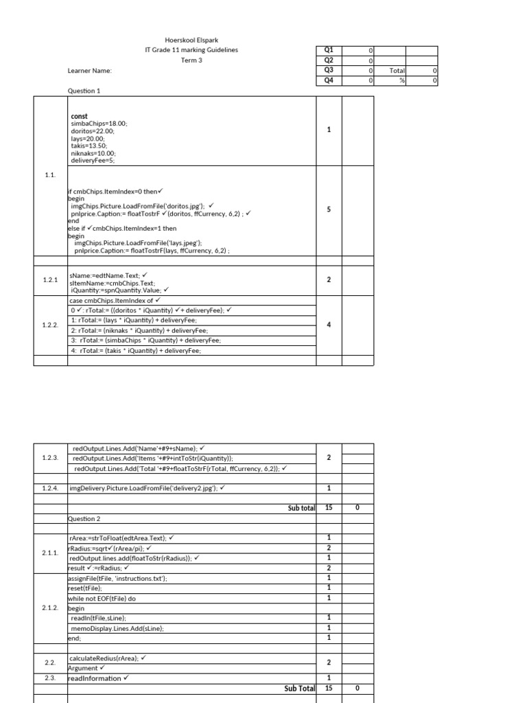 Marking Guidelines IT Term 4 Test Grade 11 | PDF | Computer Programming