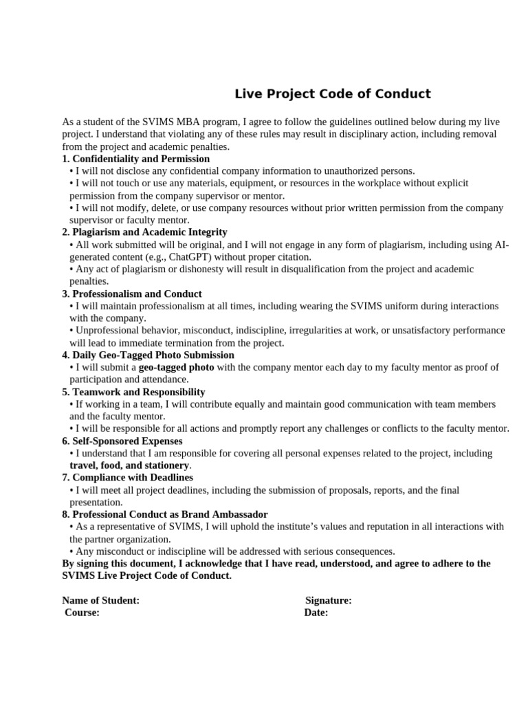 SVIMS Live Project Code of Conduct | PDF | Plagiarism | Academic Integrity