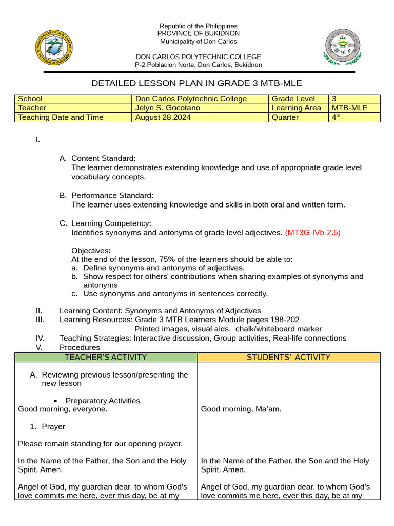 Detailed Lesson Plan in MTB3 | PDF | Lesson Plan | Learning