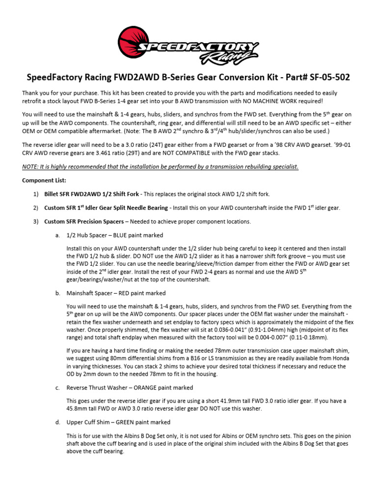 B-Series FWD to AWD Gear Conversion Kit | PDF | Gear | Four Wheel Drive