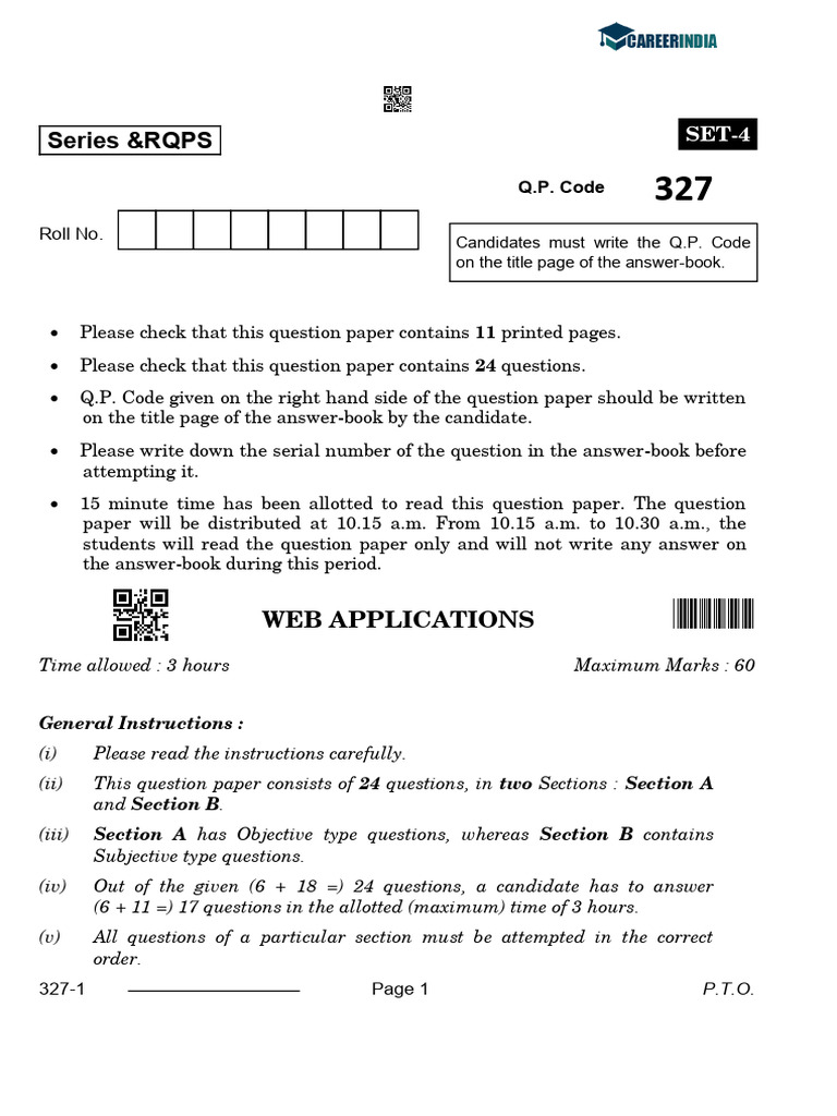 CBSE Class 12 Web Applications Question Paper 2024 | PDF