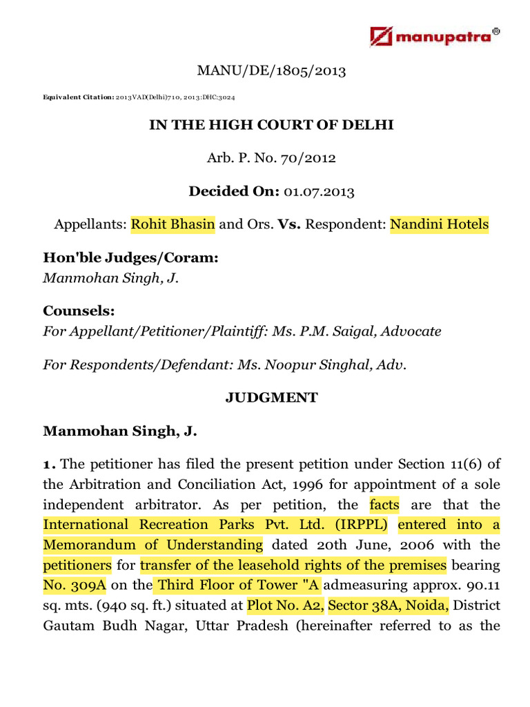 Rohit Bhasin and Ors Vs Nandini Hotels 01072013 DD131523COM791435 | PDF | Arbitration | Jurisdiction