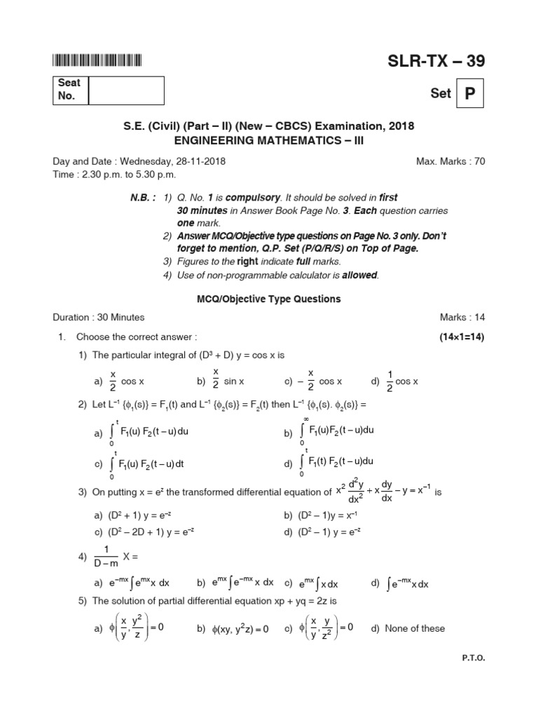 Btech Civil 3 Sem Engineering Mathematics 3 Set P 2018 | PDF ...