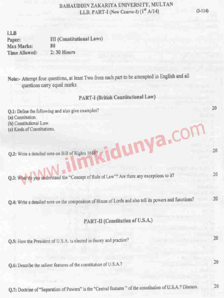 Past Papers 2014 BZU LLB Part 1 Constitutional Law Subjective | PDF