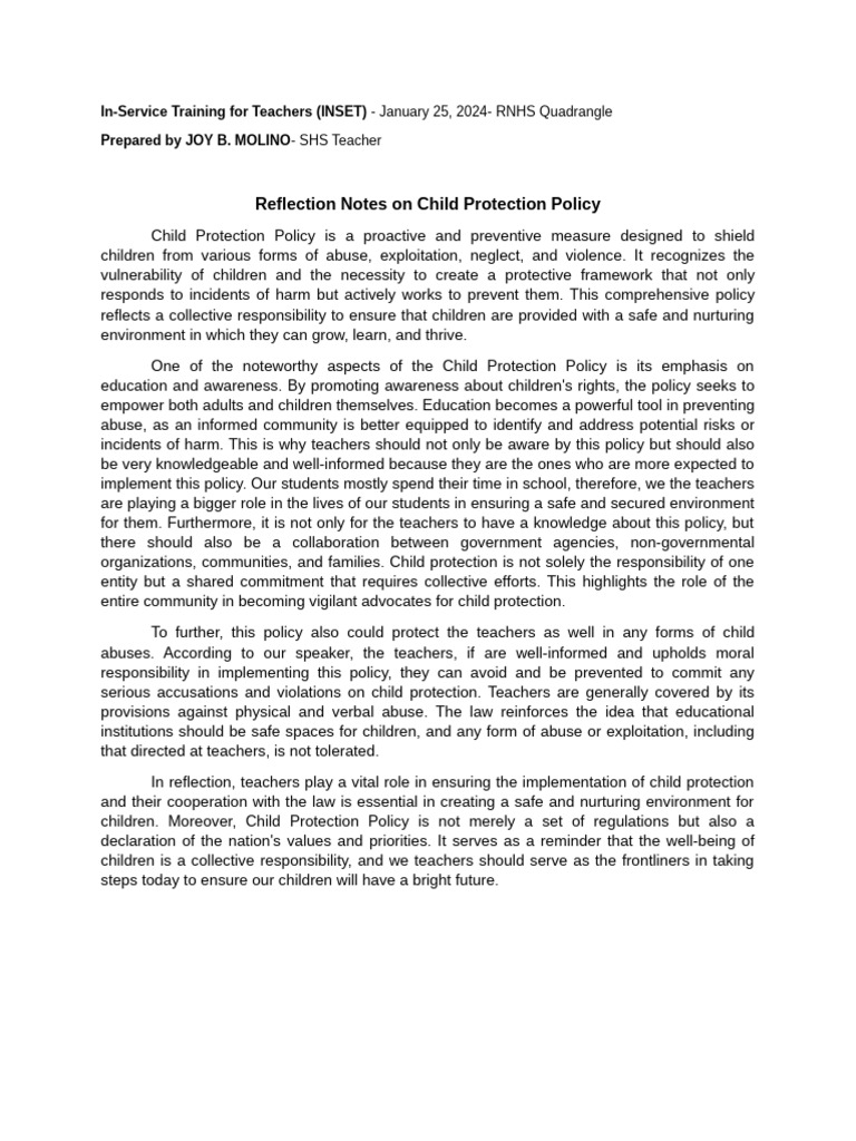 Reflection About Child Protection Policy | PDF | Child Protection | Policy