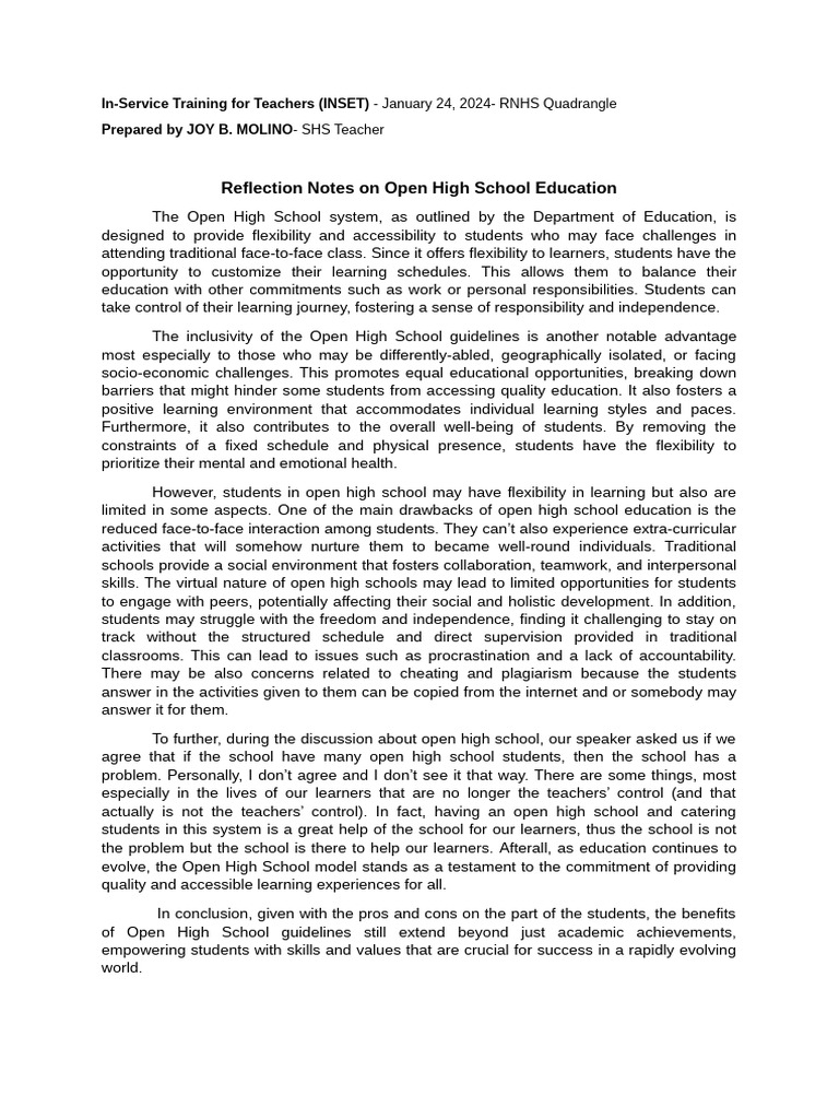 Reflection About Open High School Guideline | PDF | Learning | Behavior Modification