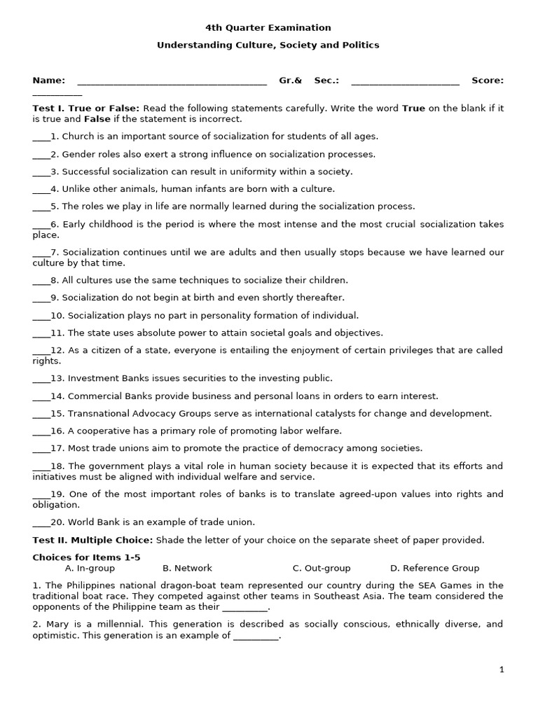 4th Quarter Examination UCSP | PDF | Social Status | Institution
