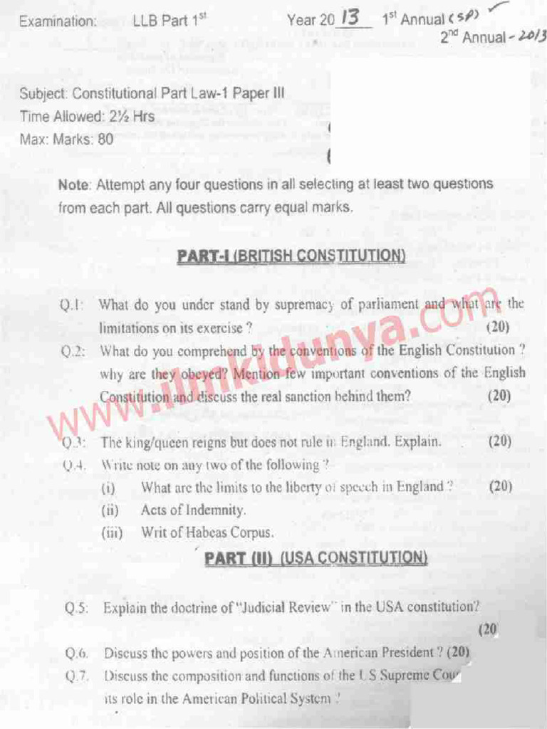 Past Papers 2013 BZU LLB Part 1 Constitutional Law Subjective | PDF