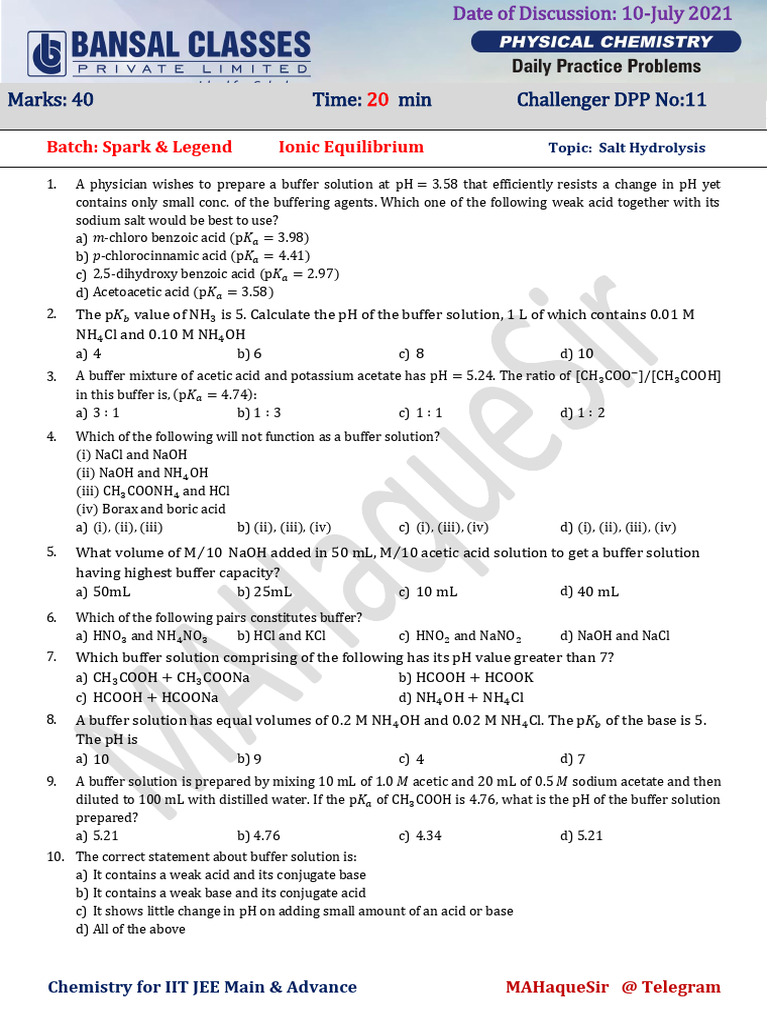 DPP 11 Ionic Equilibrium | PDF | Buffer Solution | Acid