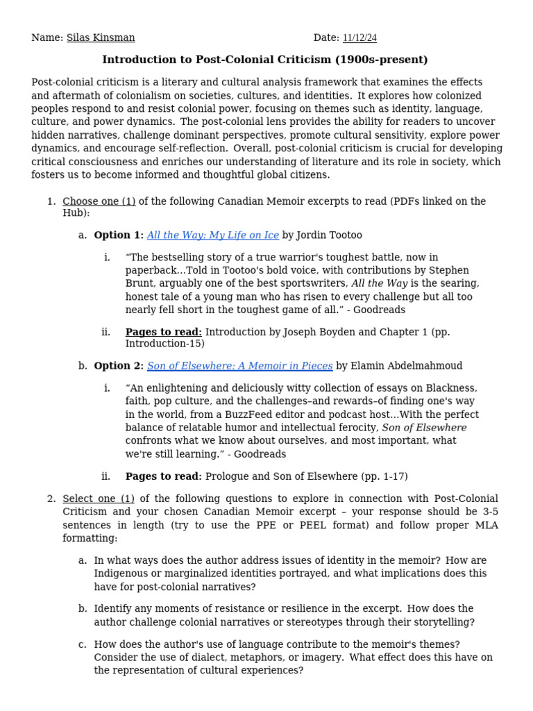 ENG3U - Worksheet - Introduction To Post-Colonial Criticism | PDF | Postcolonialism | Narrative