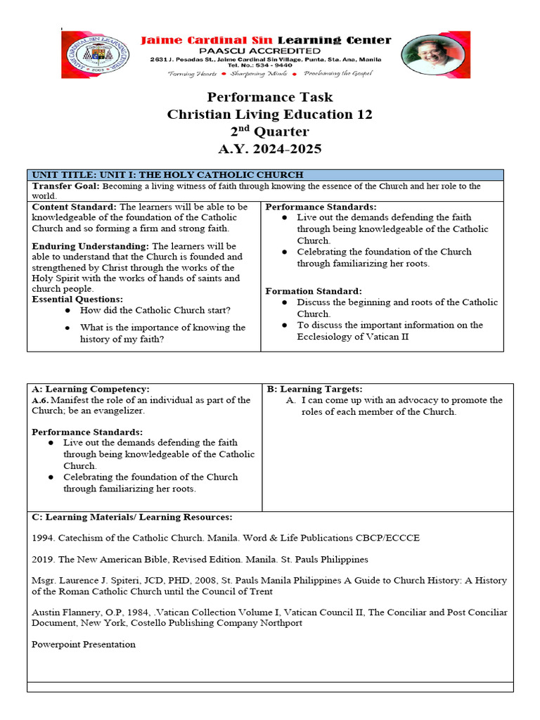 PERFORMANCE TASK 2nd QUARTER | PDF | Catholic Church | Second Vatican Council