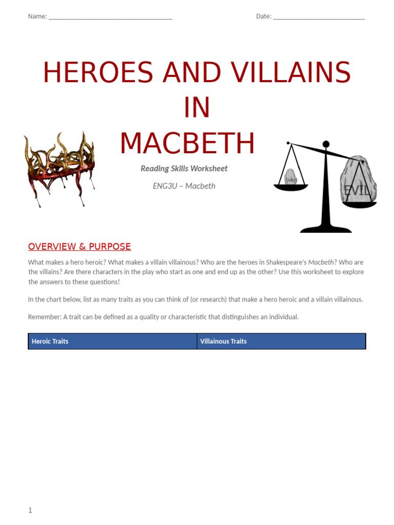 ENG3U - Heroes and Villains in Macbeth | PDF | Macbeth | Shakespearean ...
