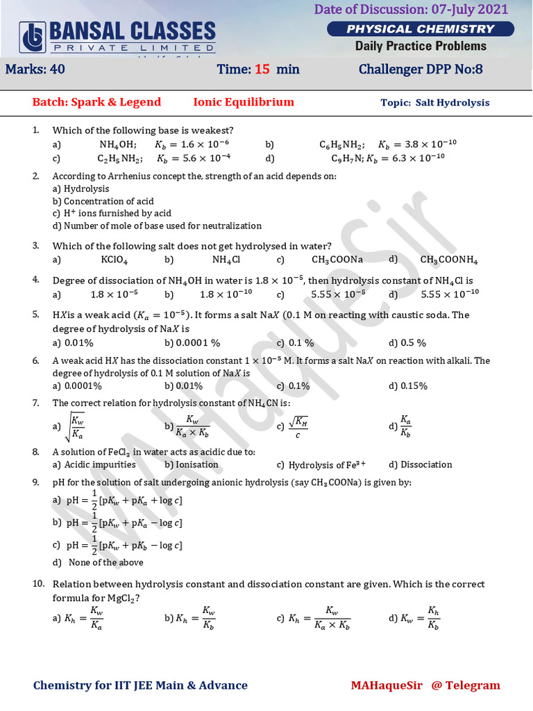 DPP 9 Ionic Equilibrium | PDF | Acid | Hydrolysis