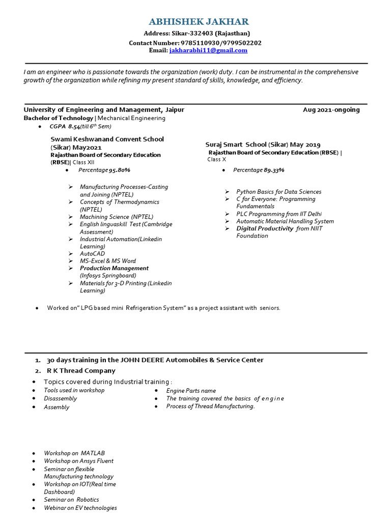 Abhishek Jakhar CV | PDF | Engineering