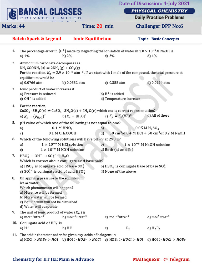 DPP 6 Ionic Equilibrium | PDF | Chemical Equilibrium | Analytical Chemistry
