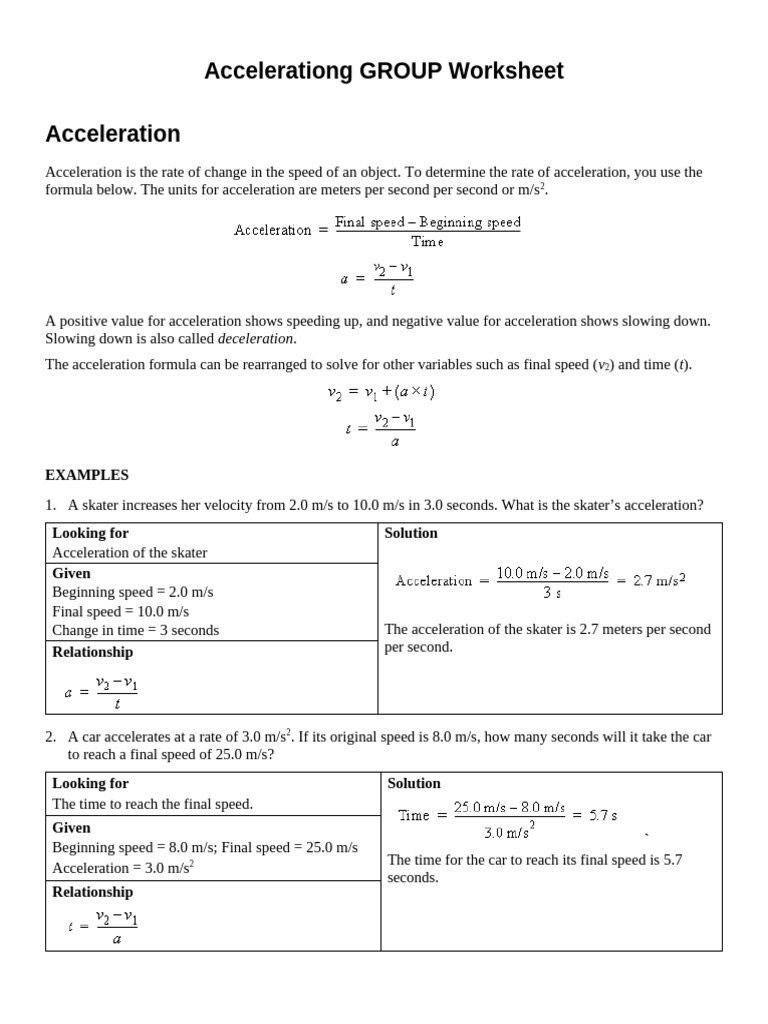 Acceleration GROUP Worksheet | PDF | Acceleration | Speed
