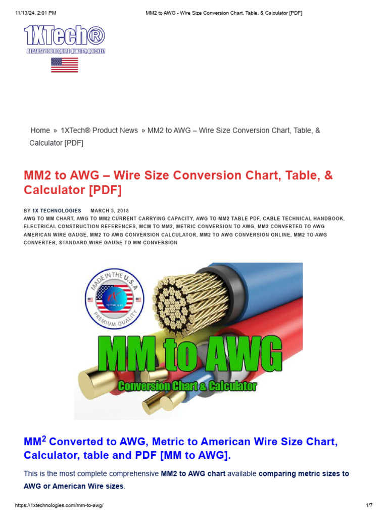 MM2 To AWG - Wire Size Conversion Chart, Table, & Calculator (PDF ...