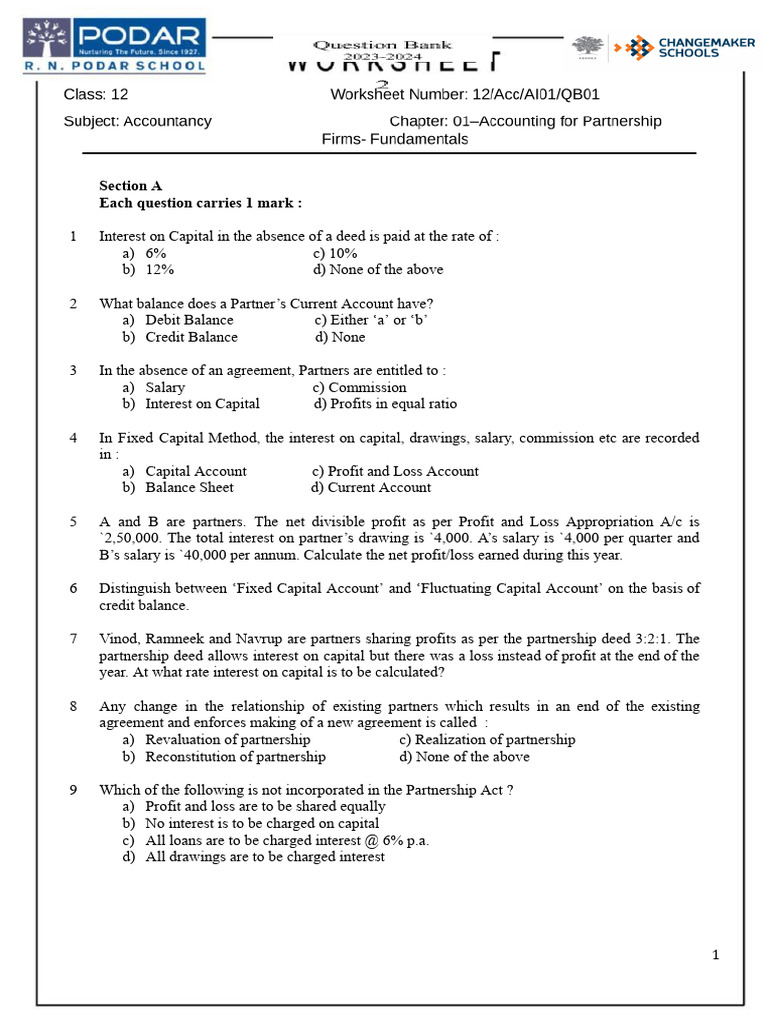 Ch1. Accounting For Partnership Fundamental (QB) 2023-24 | PDF | Partnership | Interest