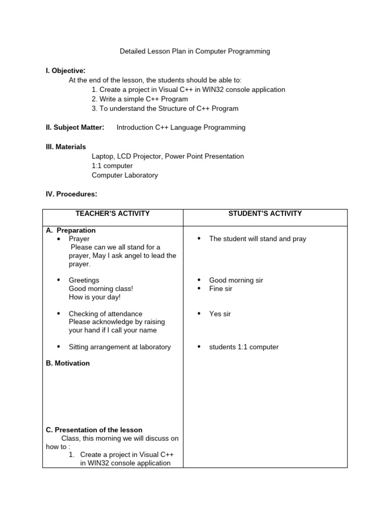 Detailed Lesson Plan in Introduction To Programming C | PDF | C++ | Operating System Families