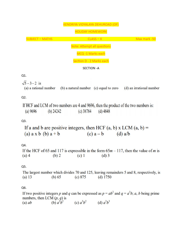 X Maths Holiday HW ch.1,2,3 | PDF