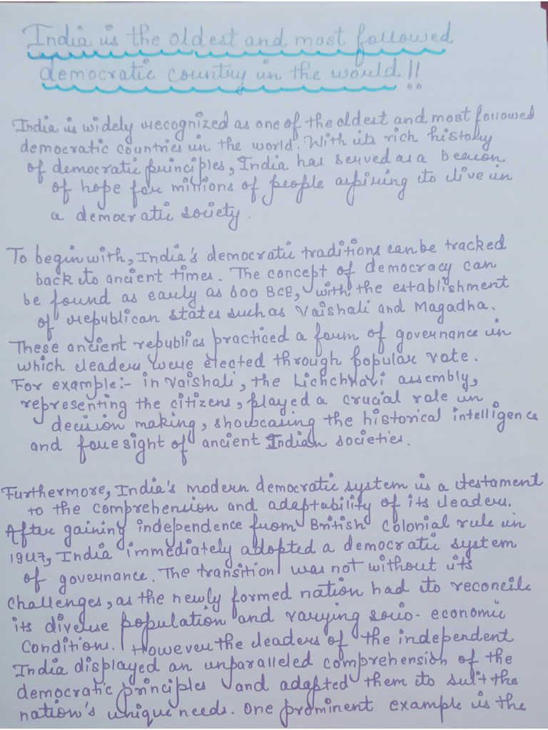 ESSAY - India Is The Oldest and Most Followed Democratic Country in The ...