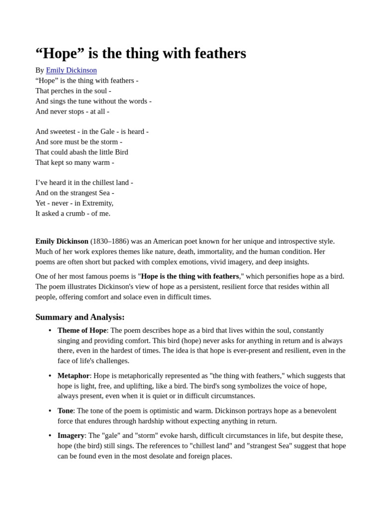 Emily Dickinson's "Hope" Poem Analysis | PDF