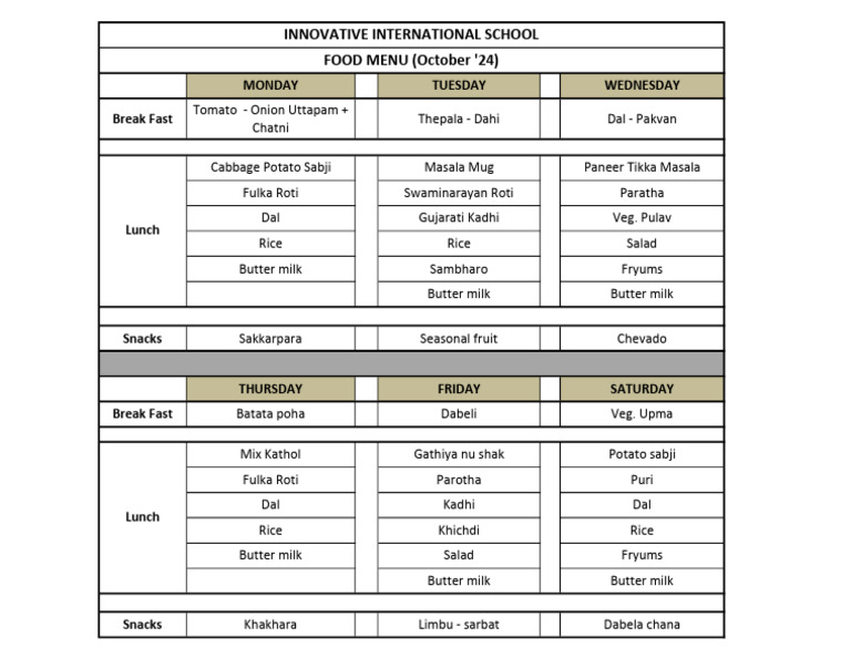 October '24 School Food Menu | PDF