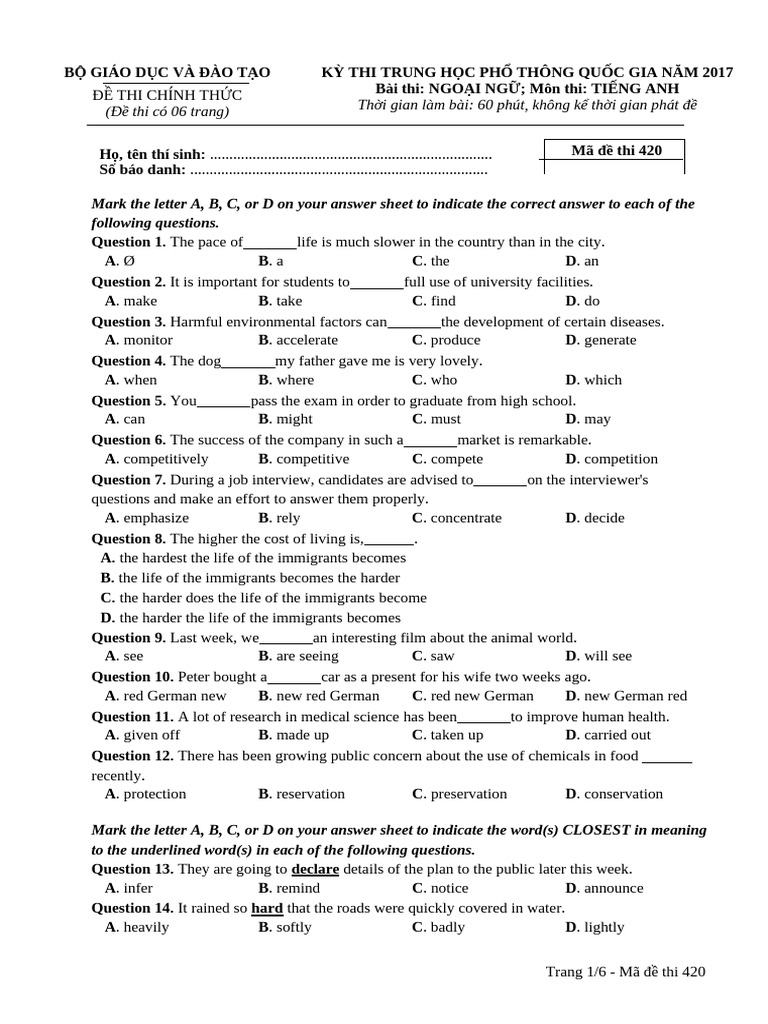 De Chinhthuc Tienganh k17 m420 | PDF | Cost Of Living