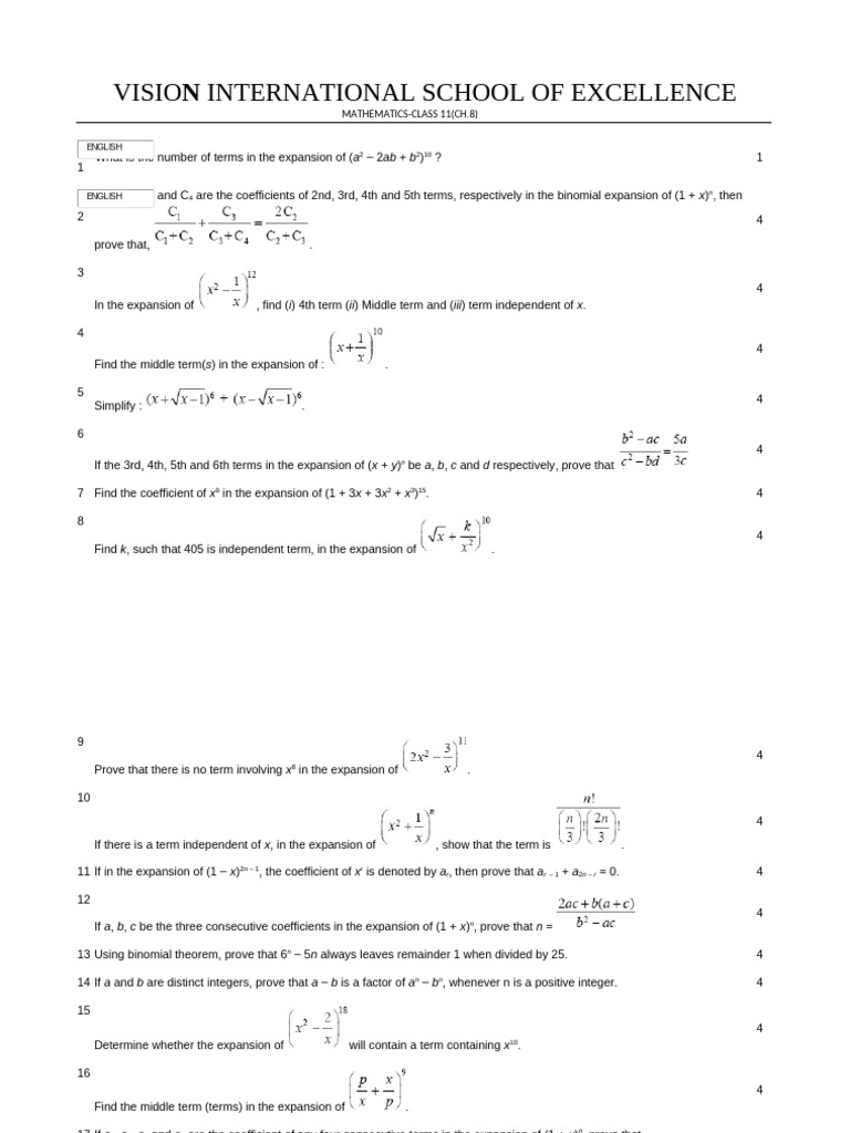 G - 11 Maths CH.8 Worksheet | PDF | Mathematics | Mathematical Concepts