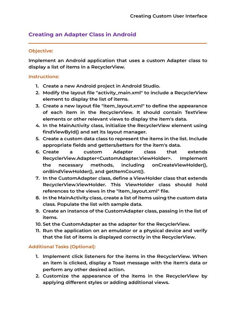 Creating An Adapter Class in Android: Objective | PDF | Android (Operating System) | Xml