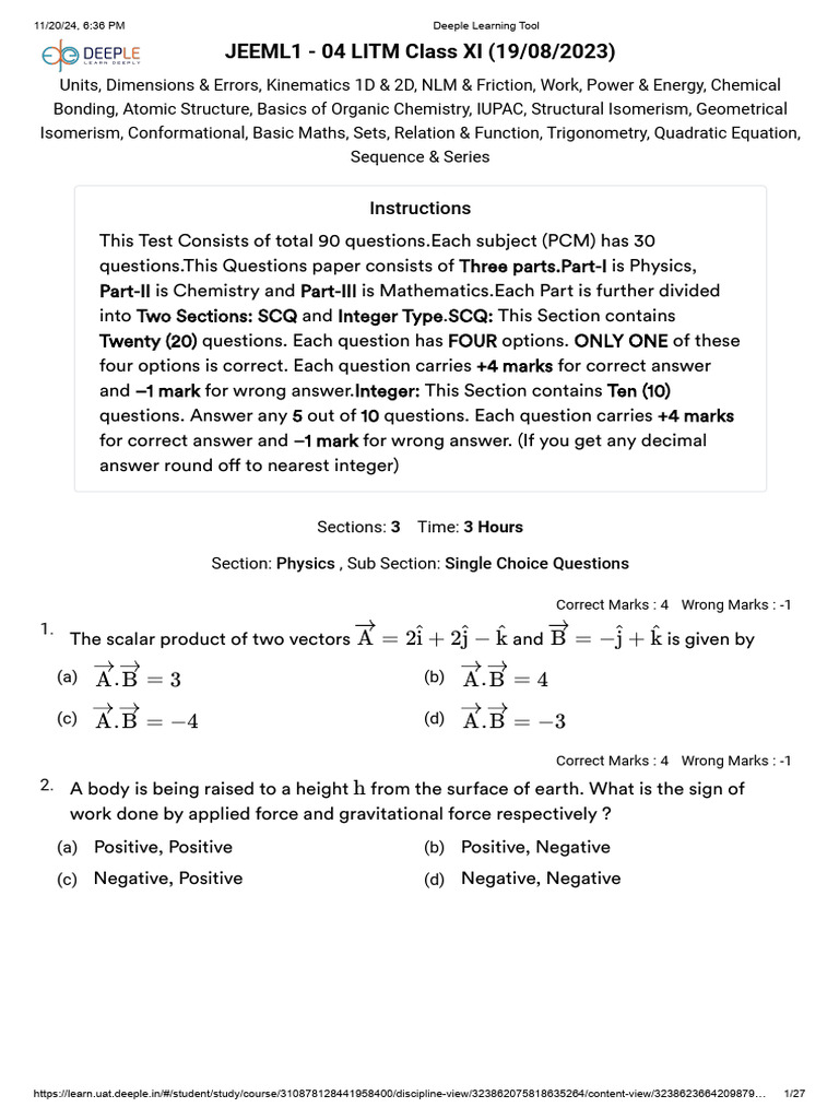 Jee Mains Practice Paper | PDF | Force | Weight