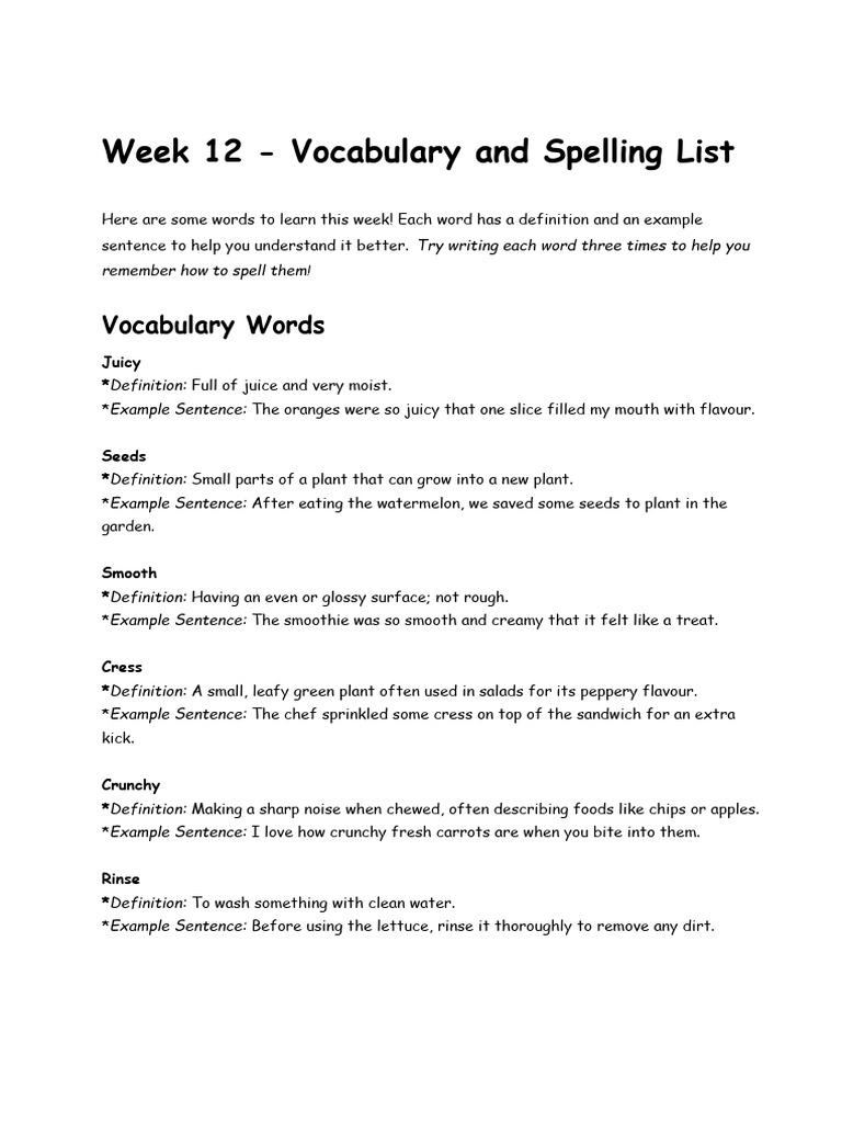 Week 12 - Vocabulary and Spelling List | PDF | Watermelon | Foods