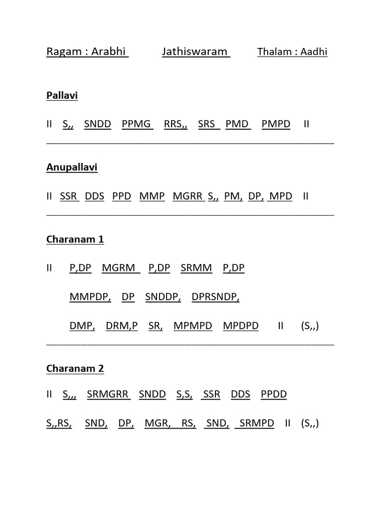 Arabhi Jathiswaram Notation Guide | PDF