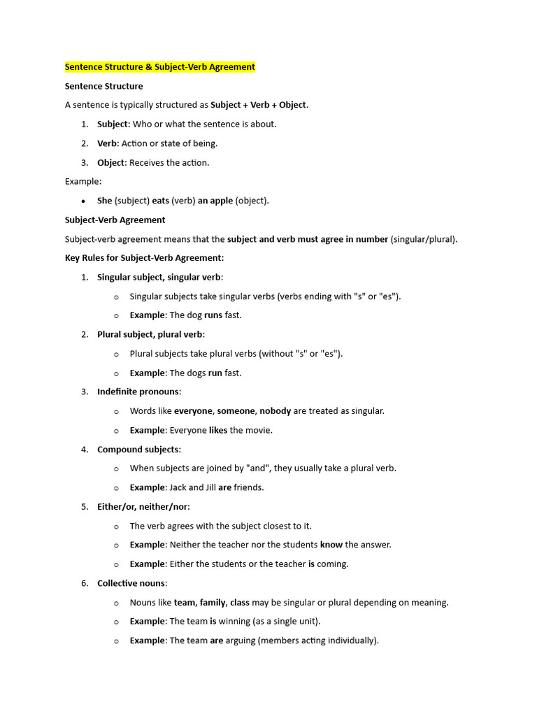 Sentence Structure Subject Verb Agreement | PDF | Grammatical Number ...