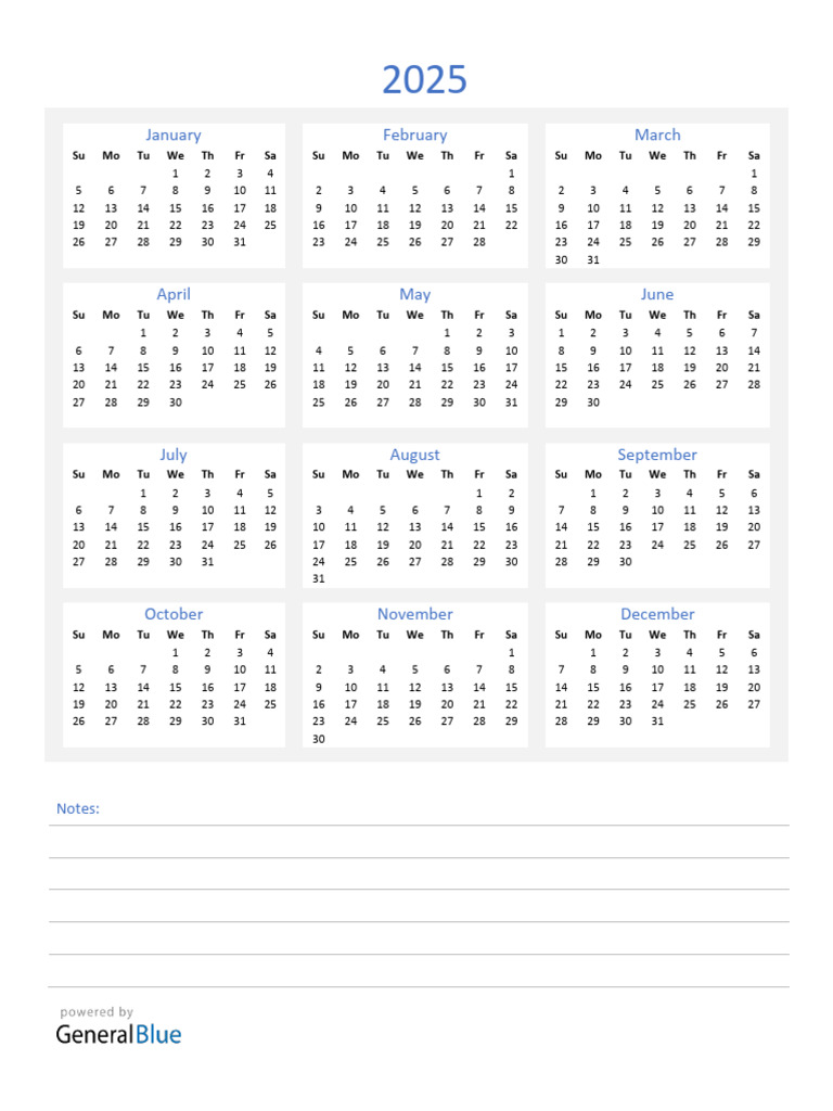 2025 Calendar With Notes Sunday Start | PDF