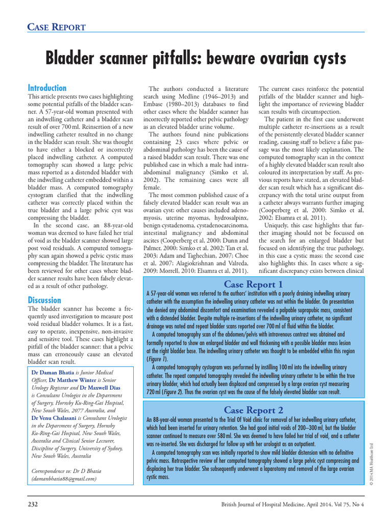 Bladder Scanner Pitfalls Beware Ovarian Cysts | PDF | Urology | Urinary ...