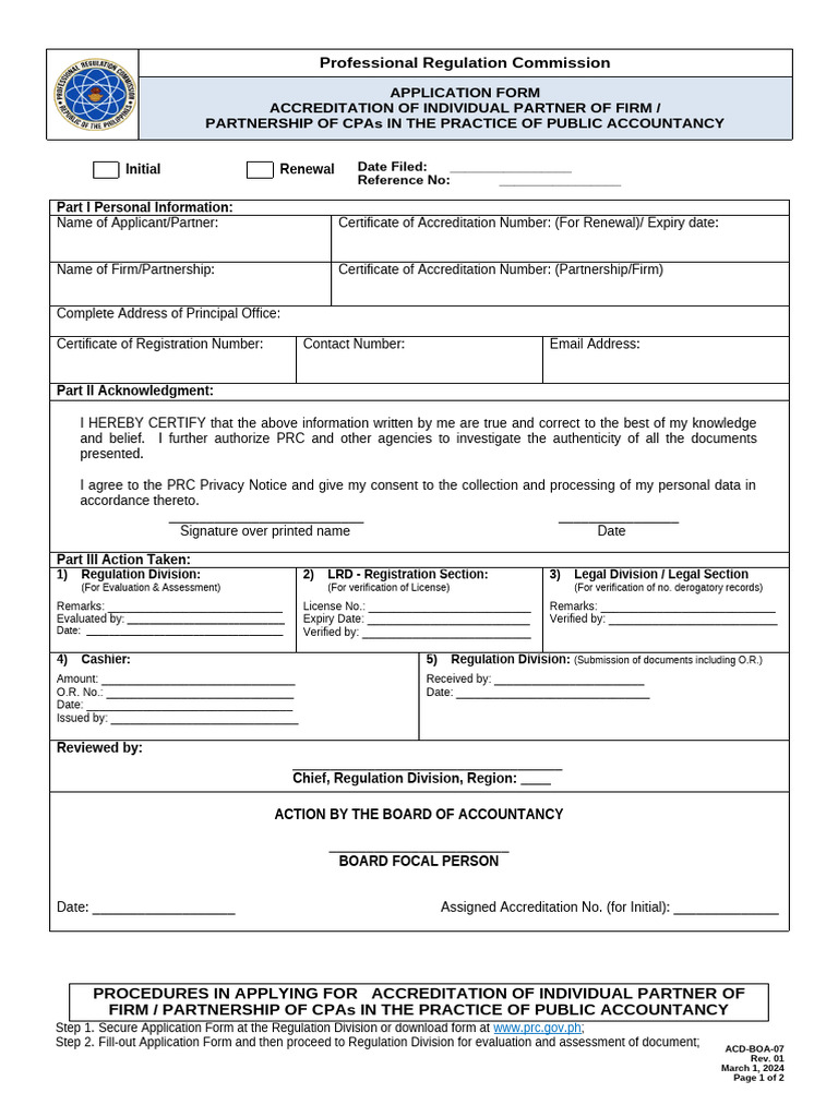 ACD-BOA-07 Rev 01 App Form Acc of Indiv Partner of Firm - Partnership | PDF | Certified Public ...
