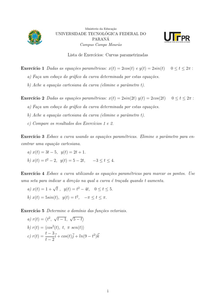 Lista - Curvas Parametrizadas - Calculo 3 | PDF | Equações | Objetos ...