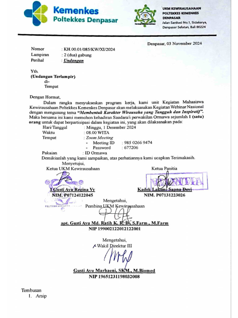 Surat Undangan Ormawa Webinar. | PDF